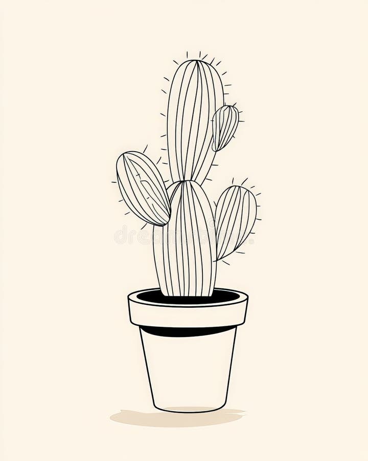 A Simple Line Drawing of a Cactus in a Pot with a Minimalistic Style ...