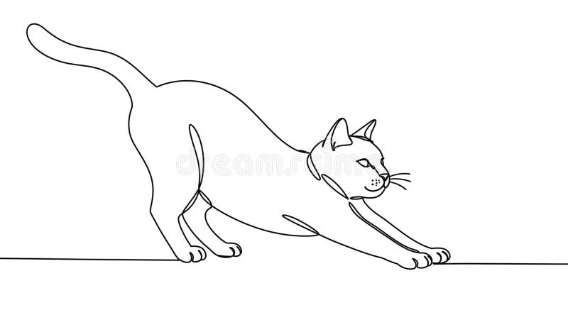 A Simple Line Drawing of a Cat Stretching, Captured in a Side View. the ...
