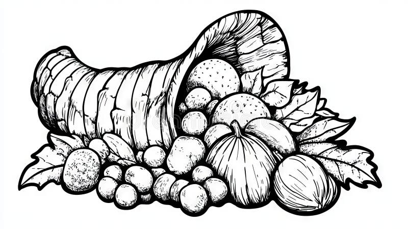Simple Line Drawing of a Cornucopia with Basic Fruits and Vegetables ...