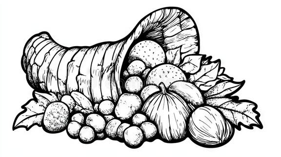 Simple Line Drawing of a Cornucopia with Basic Fruits and Vegetables ...