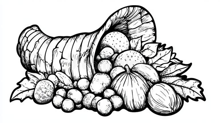 Simple Line Drawing of a Cornucopia with Basic Fruits and Vegetables ...