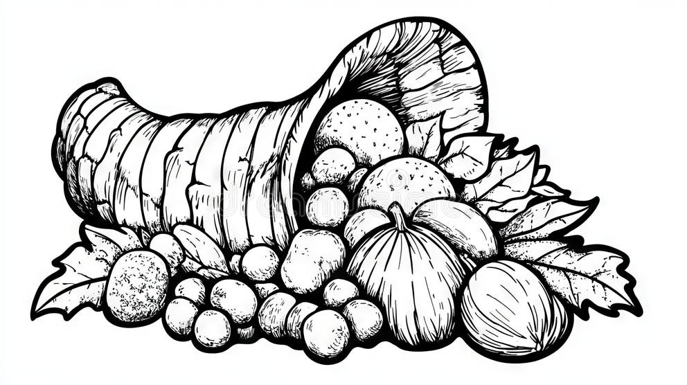 Simple Line Drawing of a Cornucopia with Basic Fruits and Vegetables ...