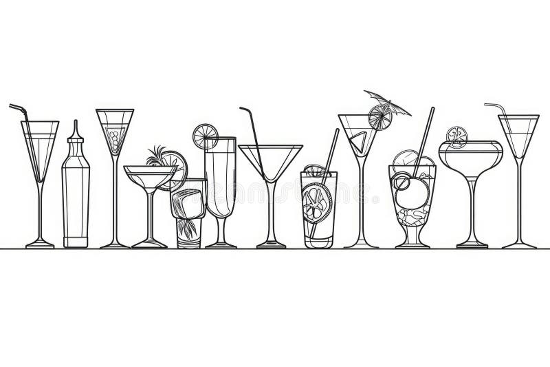 Simple Line Drawing of Different Types of Cocktail Glasses. Perfect for ...