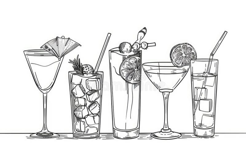 A Simple Line Drawing of Different Types of Cocktails. Suitable for ...