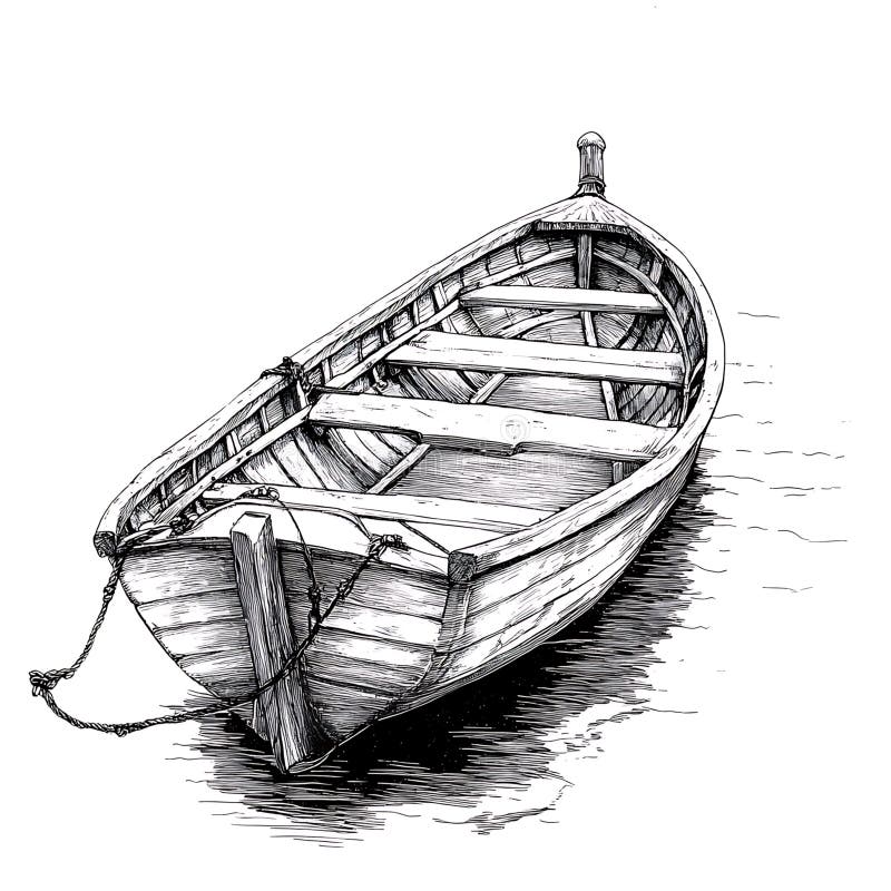 Simple Line Drawing of an Empty Wooden Rowboat Stock Illustration ...