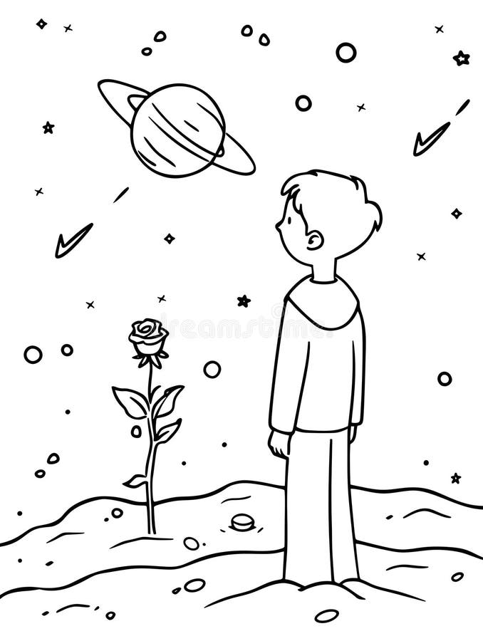 Simple Line Drawing of a Boy Gazing at Planet Stock Illustration ...
