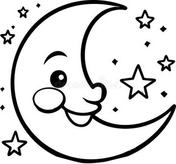 A Simple Line Drawing of a Half-moon with a Smiley Face Surrounded by ...