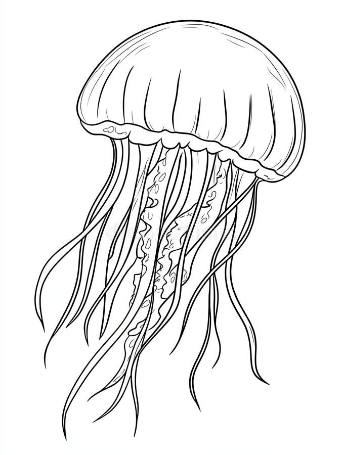 A Simple Line Drawing of a Jellyfish with a Bell and Long Tentacles ...