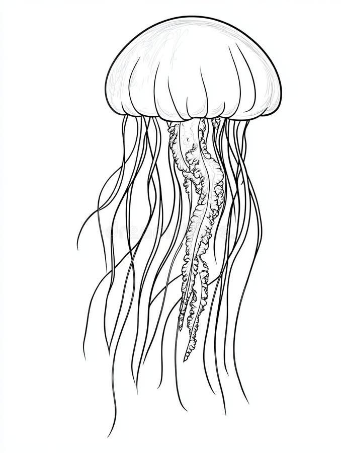 A Simple Line Drawing of a Jellyfish with a Large Bell and Many ...