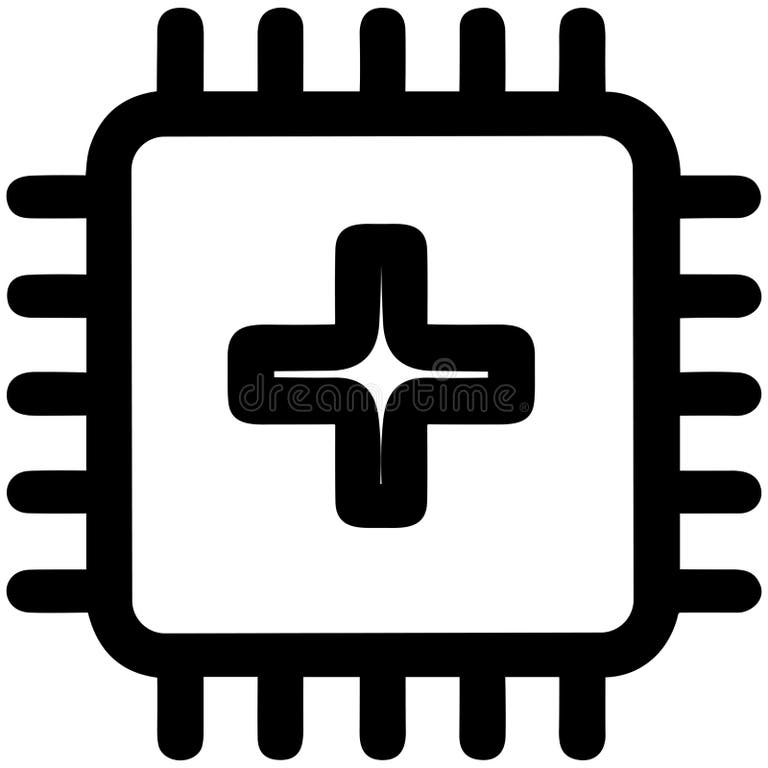 Simple Line Drawing Microchip with Plus Sign Technology Innovation Icon Stock Vector ...