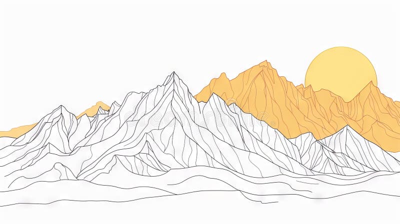 Simple Line Drawing of a Mountain Range Against a Sunset Sky Stock ...