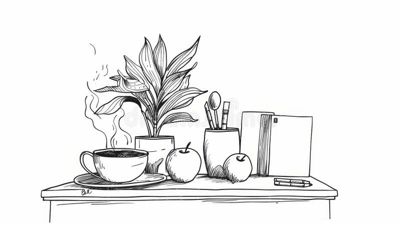 Simple Line Drawing of a Productive Morning Routine. Stock Illustration ...