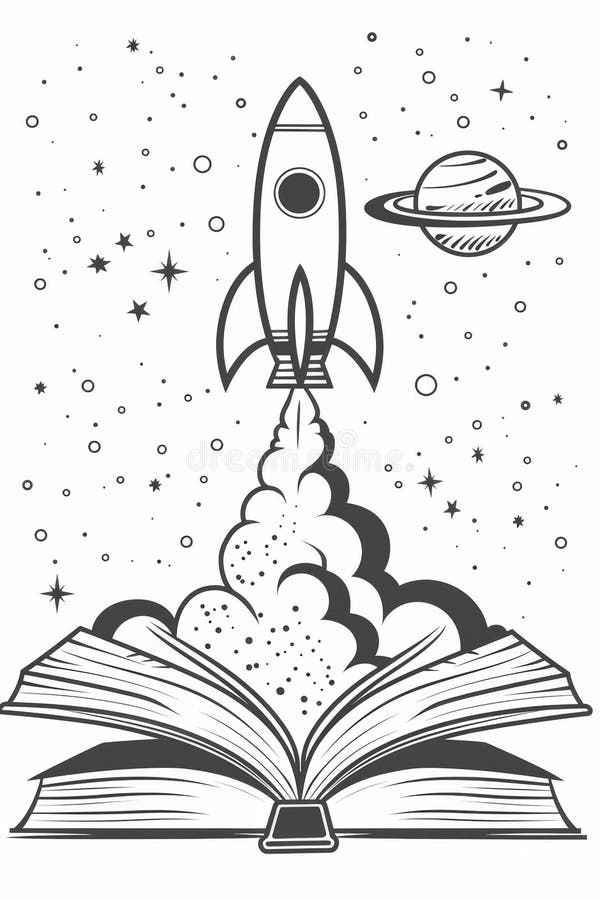 Simple Line Drawing of a Rocket Launching from a Book. Stock ...