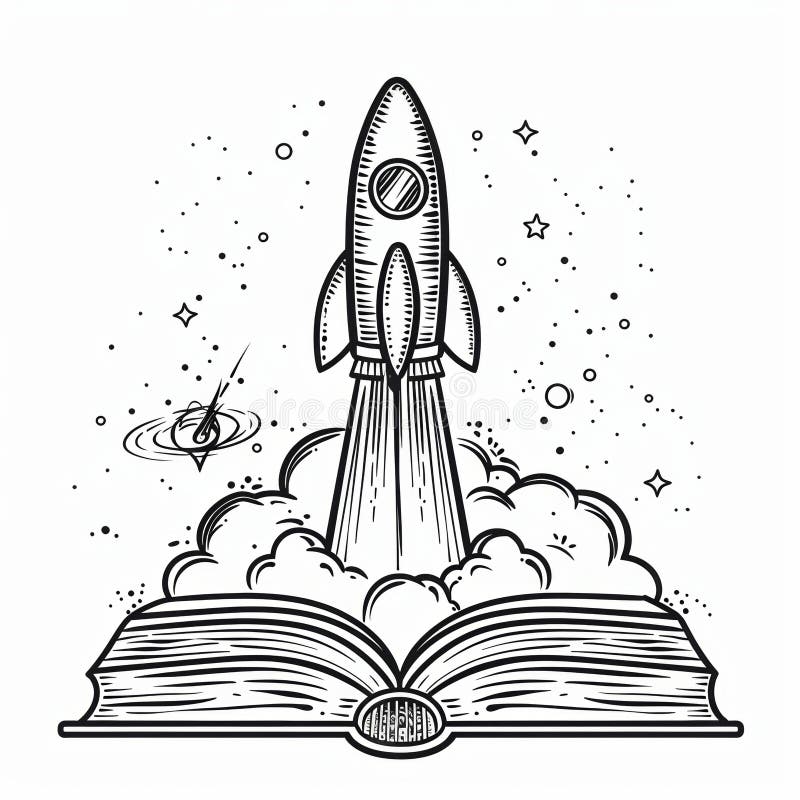 Simple Line Drawing of a Rocket Launching from a Book. Stock ...