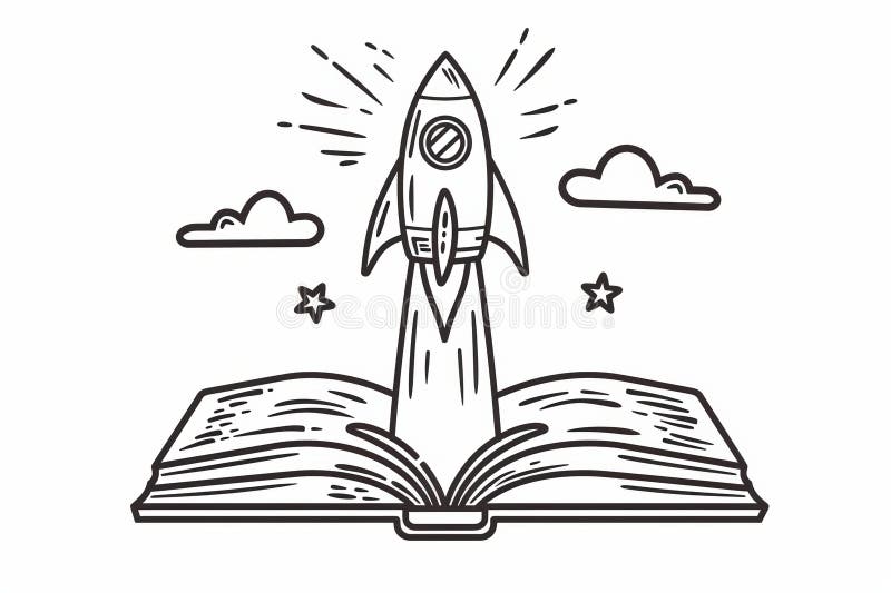 Simple Line Drawing of a Rocket Launching from a Book. Stock ...