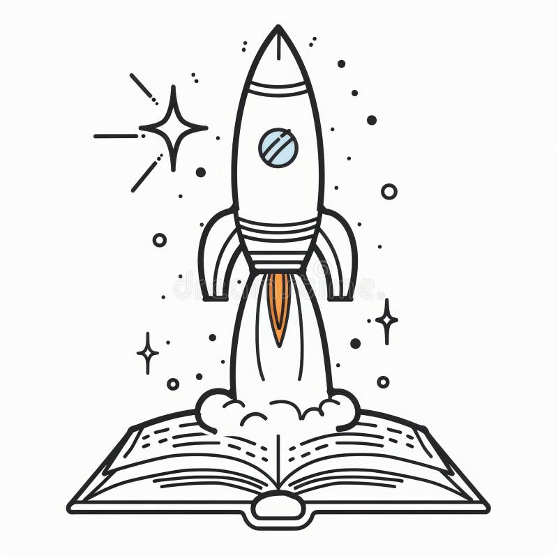 Simple Line Drawing of a Rocket Launching from a Book. Stock ...