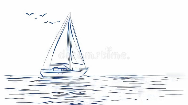 Simple Line Drawing of a Sailboat on Calm Waters Stock Illustration ...