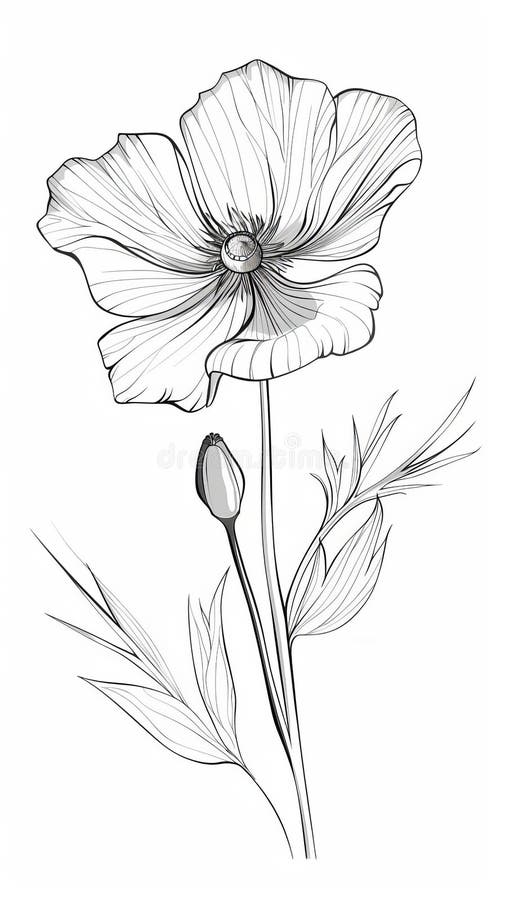 A Simple Line Drawing of a Single Flower and Bud, with a Few Leaves on ...