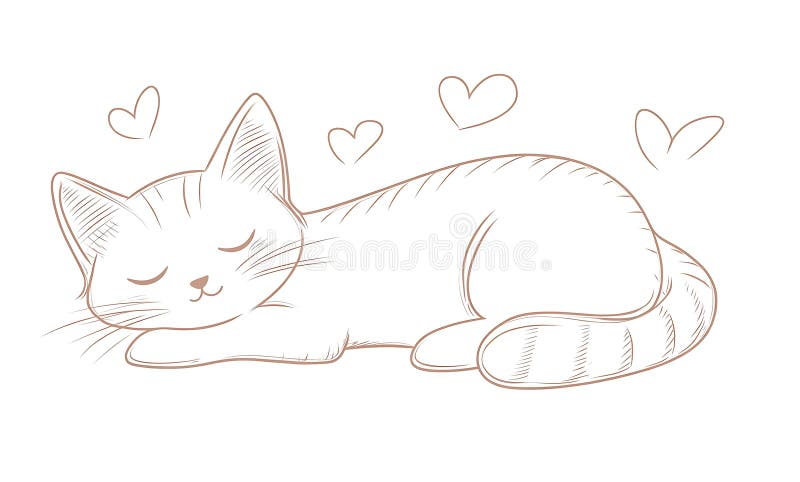 A Simple Line Drawing of a Sleeping Cat, Depicted in a Relaxed Pose ...