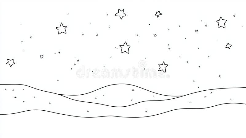 A Simple Line Drawing of Stars in a Night Sky Over Wavy Lines ...
