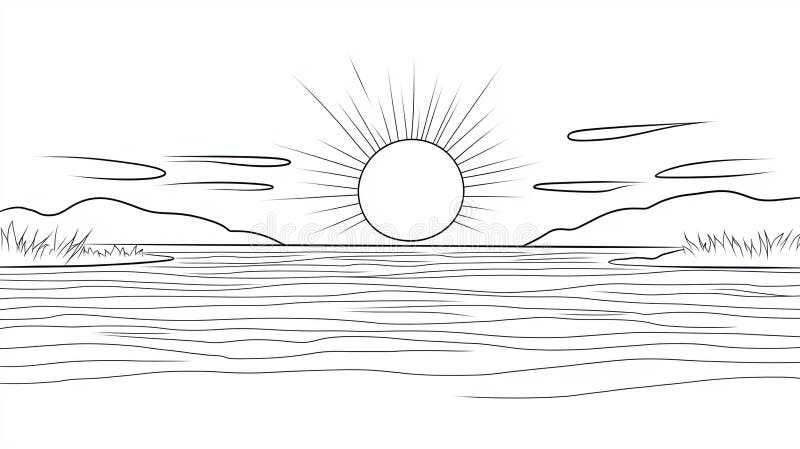 A Simple Line Drawing of a Sunrise Over a Lake with Mountains in the ...