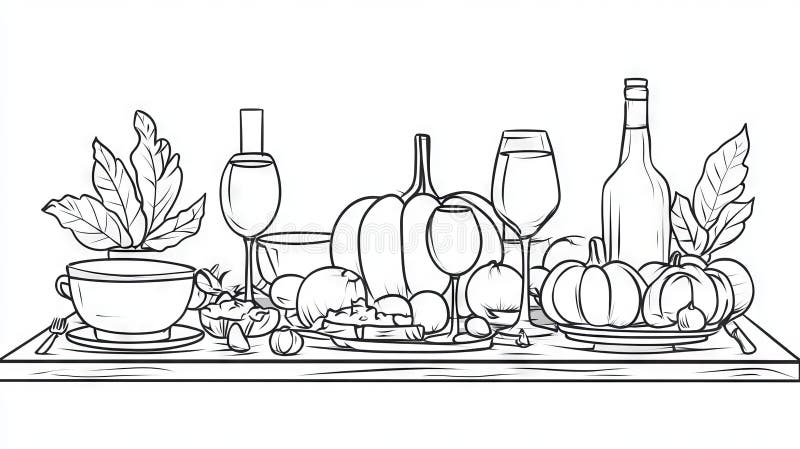 Simple Line Drawing of a Thanksgiving Table Set with Basic Dishes Stock ...