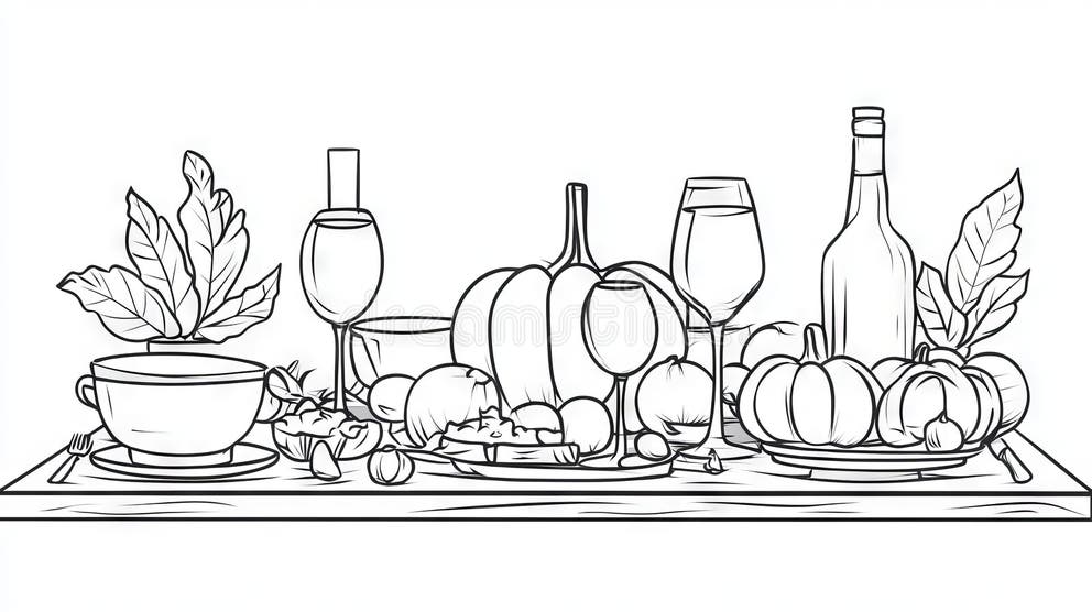 Simple Line Drawing of a Thanksgiving Table Set with Basic Dishes Stock ...