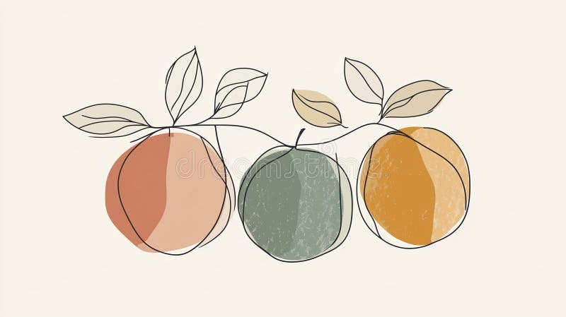 A Simple Line Drawing of Three Fruit with Leaves Arranged on a Light ...