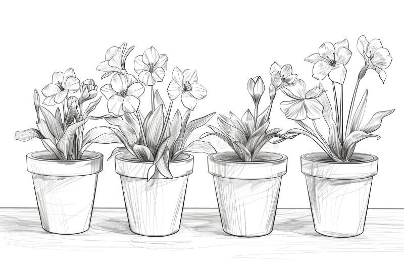 Simple Line Drawing of Three Potted Plants, Suitable for Various Design ...