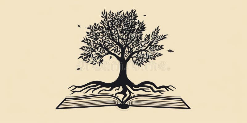 Simple Line Drawing of a Tree with Roots in a Book. Stock Illustration ...
