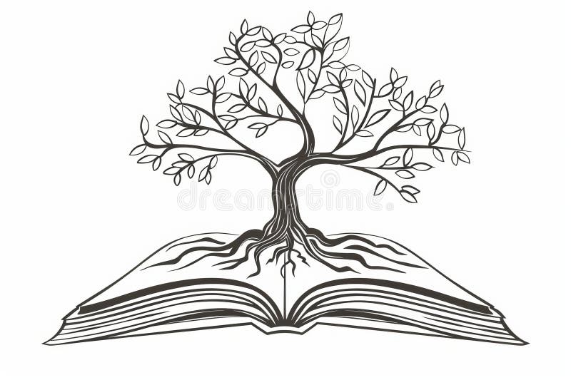 Simple Line Drawing of a Tree with Roots in a Book. Stock Illustration ...