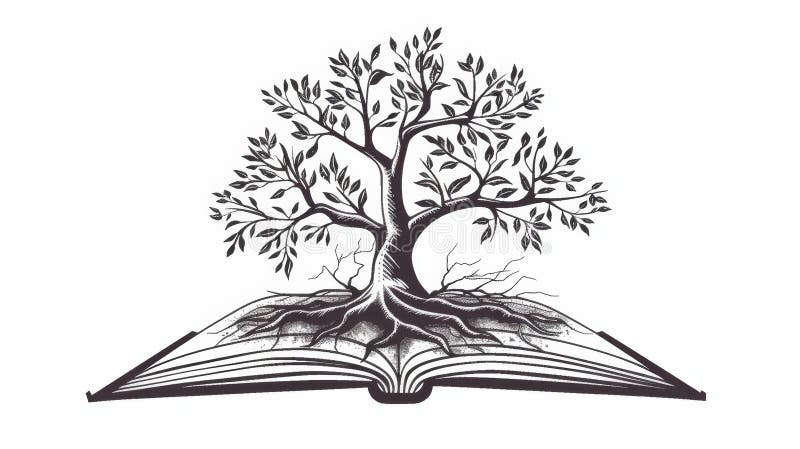 Simple Line Drawing of a Tree with Roots in a Book. Stock Illustration ...