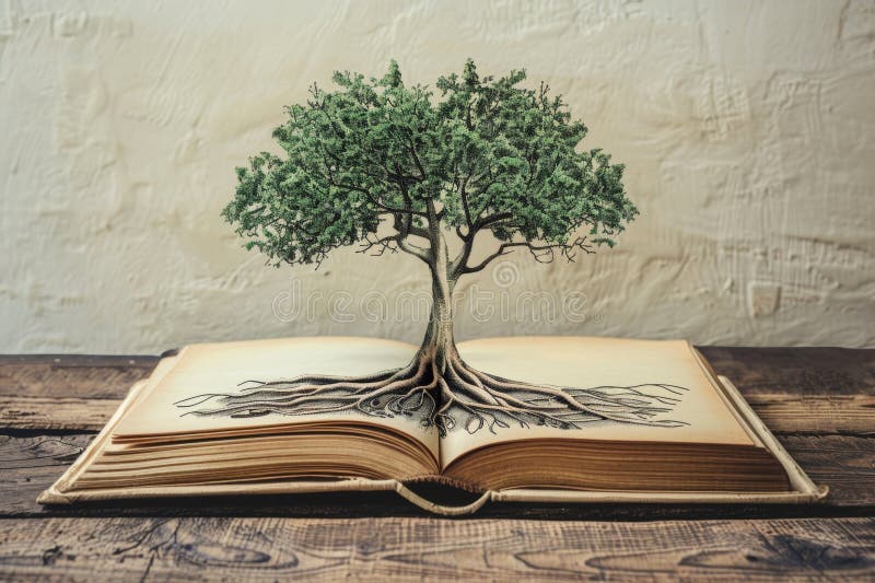 Simple Line Drawing of a Tree with Roots in a Book. Stock Illustration ...