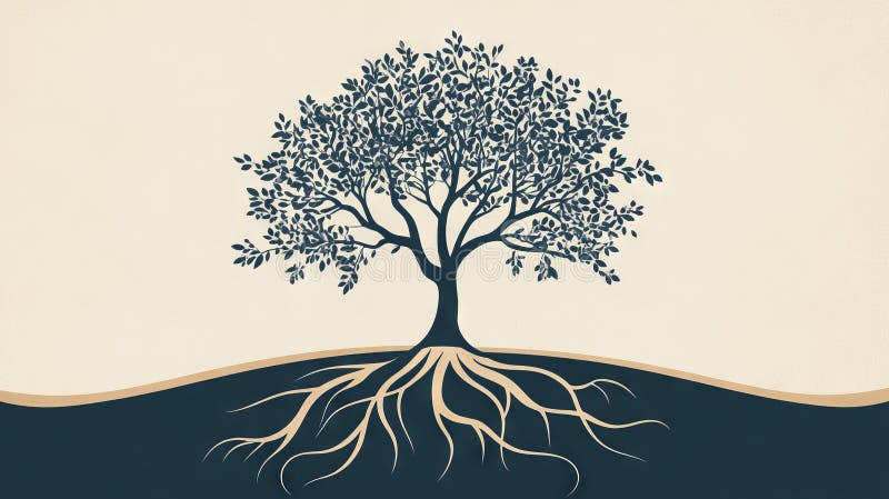 A Simple Line Drawing of a Tree with Roots and Branches on a Beige ...