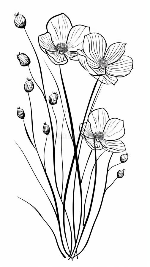 A Simple Line Drawing of White Clover Flowers on a White Background ...