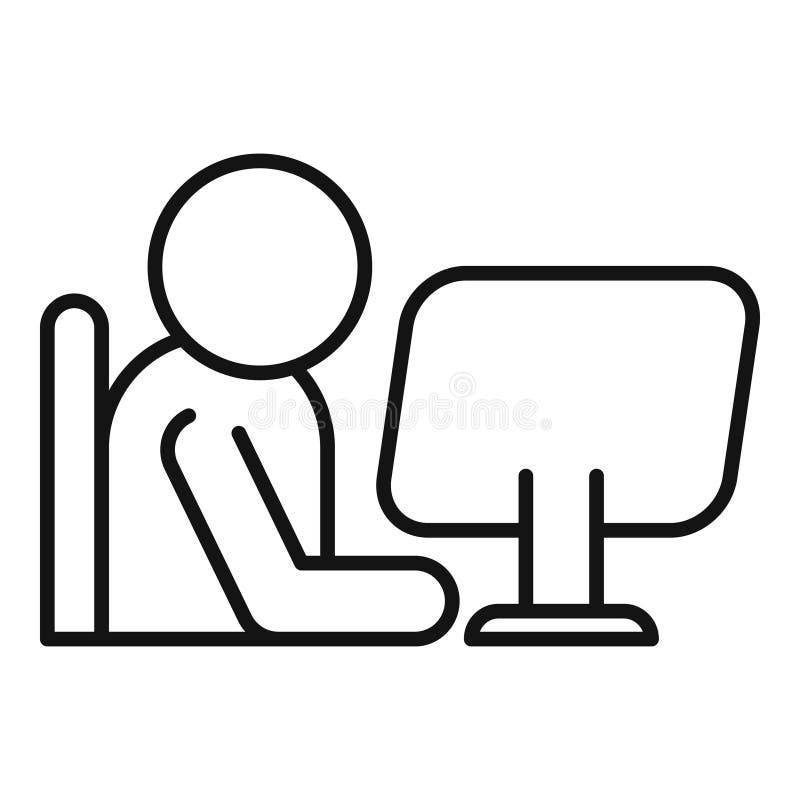 Simple Line Icon of a Person at a Computer Workstation Stock Vector ...