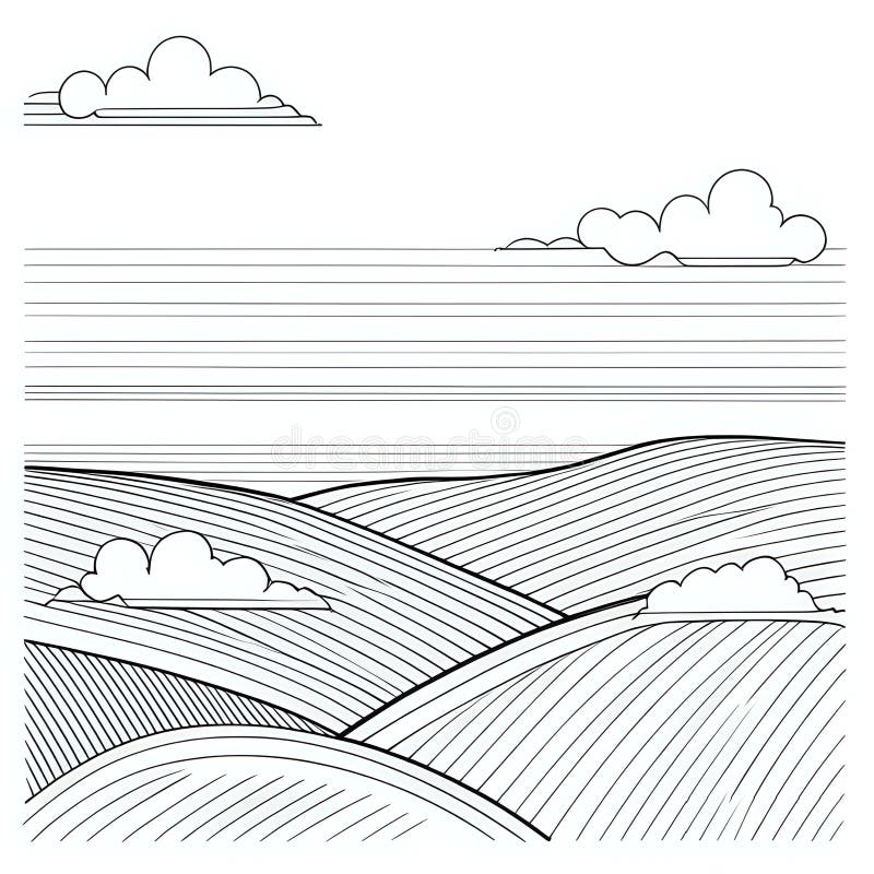 Simple Line Landscape with Clouds - Generated by Ai Stock Illustration ...