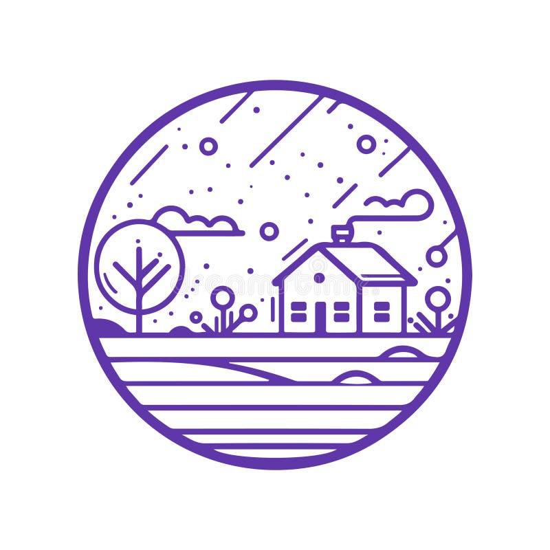 Simple Linear Landscape with Rain and House in Circular Frame Stock ...