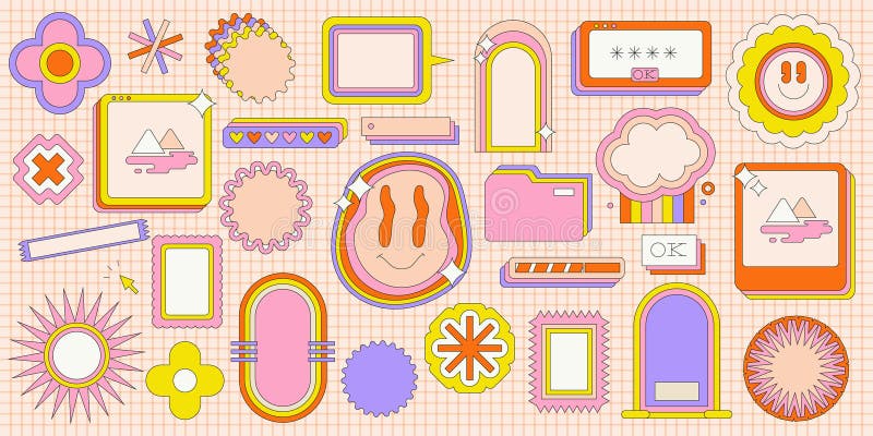 Simple Linear Retro Sticker Set. Vector Flat Frames in 90s Style ...
