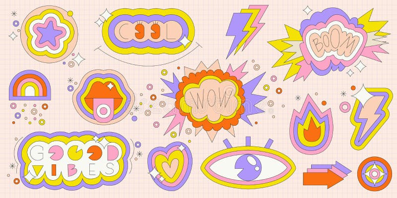 Simple Linear Retro Sticker Set. Vector Flat Linear Style. Bright ...