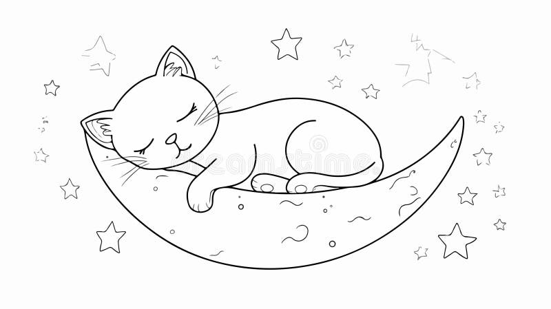 Simple Lines Cute Cat Sleeping on a Crescent Moon Stock Illustration ...