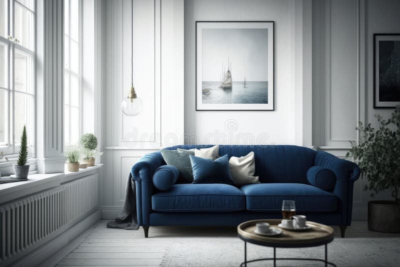 Simple Living Room Design with a Blue Sofa and White Walls Stock ...