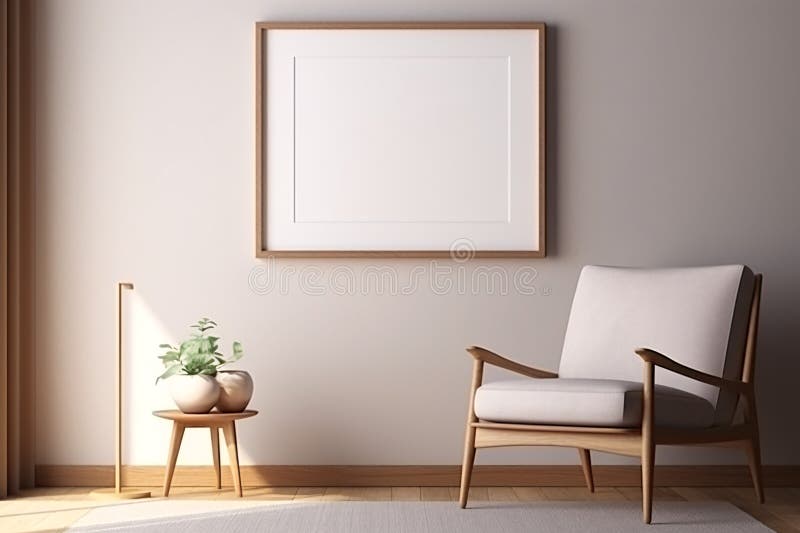 Simple Living Room with White Chair, Table, and Picture Frame Stock ...