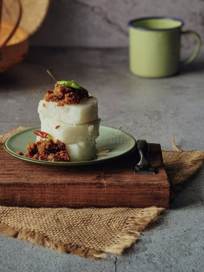 Simple Local Meal of Cooked Rice in Cubes and Some Spicy Sambal in a ... Simple Local Meal of Cooked Rice in Cubes and Some Spicy Sambal in a ...