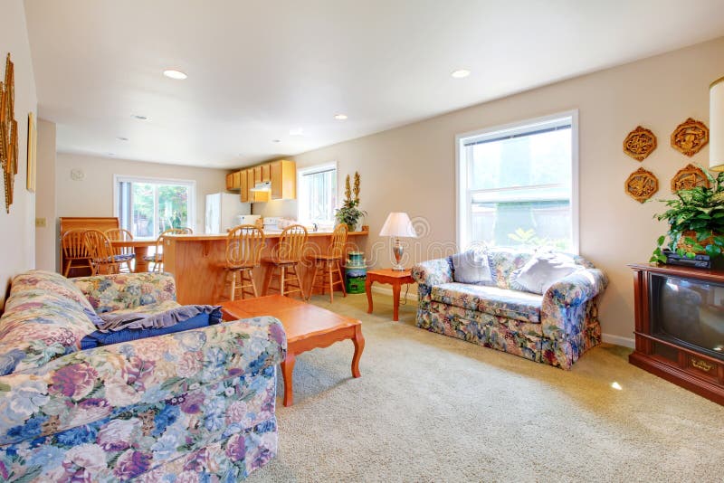 Living Room with Brick Fireplace and Carpet. Stock Photo - Image of ...