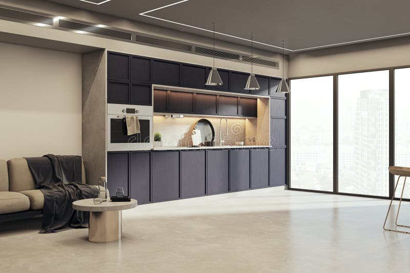 Simple Luxury Kitchen Interior with Window and City View. Stock ...
