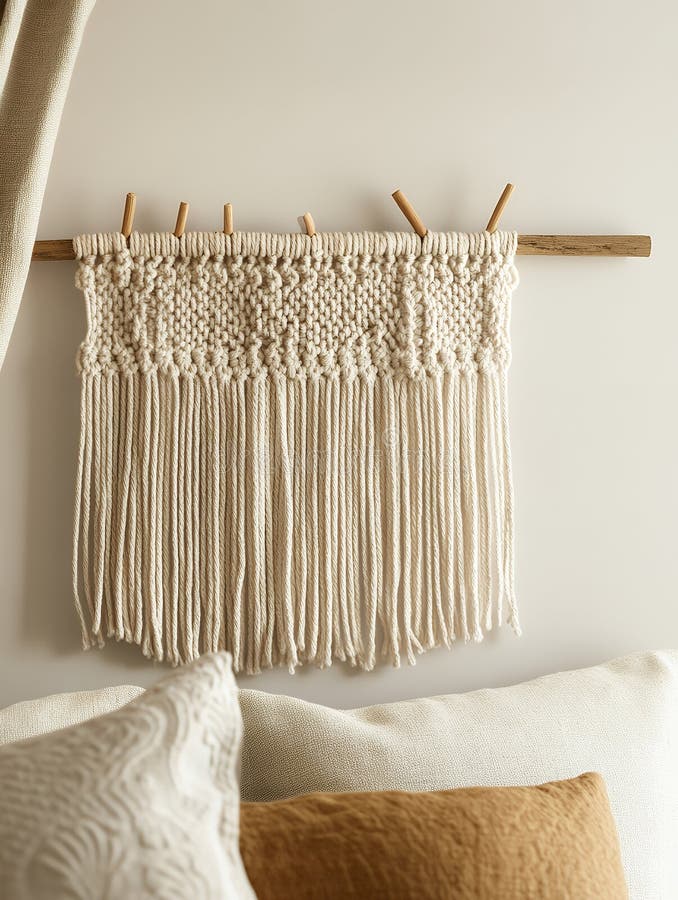 A Simple Macrame Wall Hanging Decorates a Neutral-toned Room, Adding ...