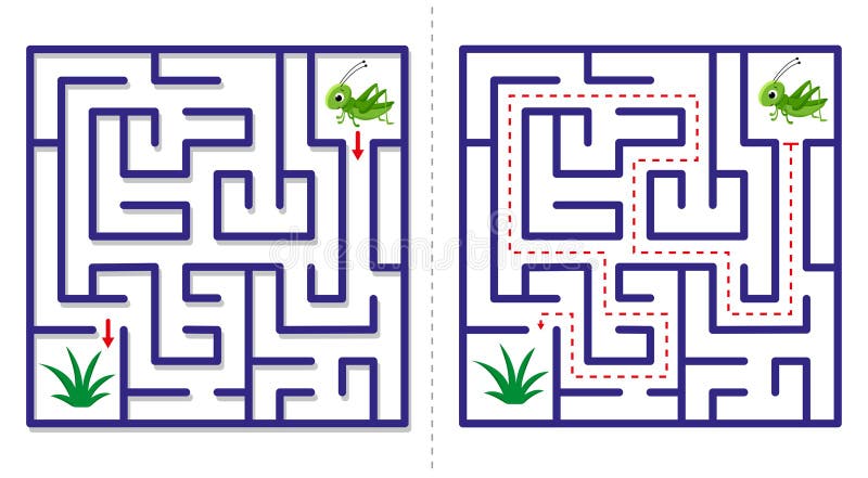Simple Maze Abstract Game with Answer. Help Grasshopper Find Grass ...