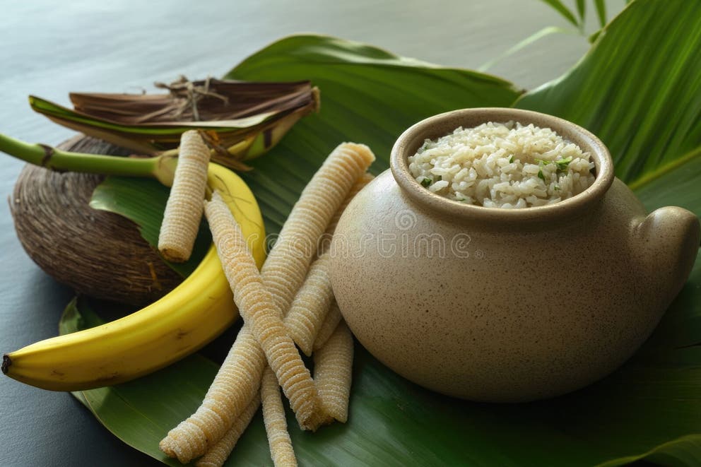 A Simple Meal with Rice and Bananas Served on a Table Stock Image ...