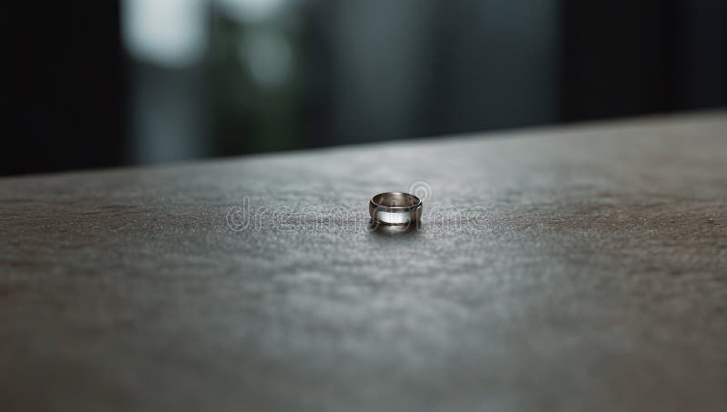 Simple Metal Engagement Ring Rests on the Textured Surface of the Table ...